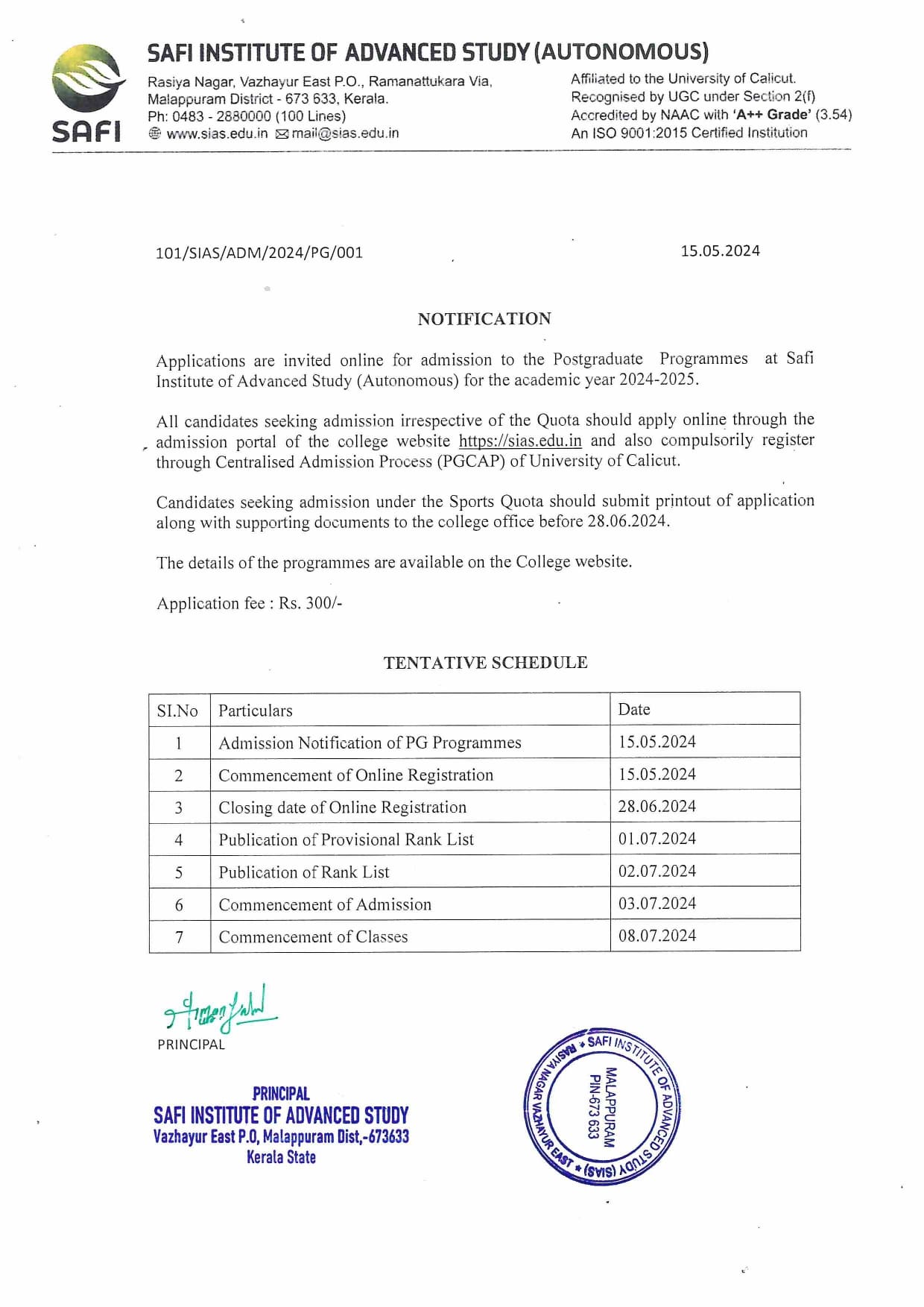 Admission | SAFI Institute of Advanced Study (Autonomous)
